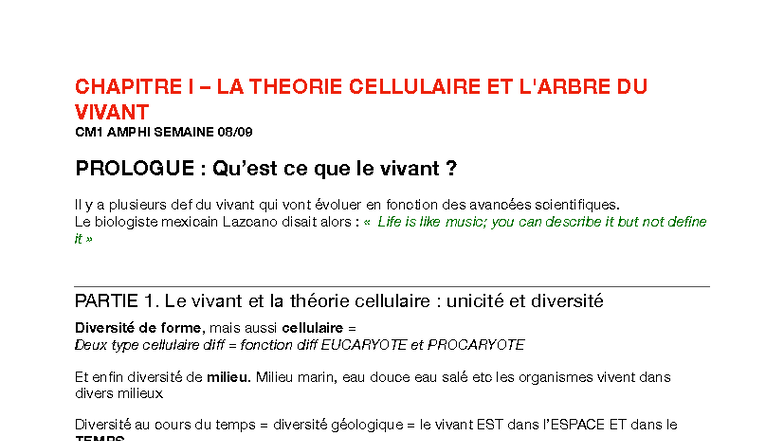 CHAPITRE I : LA THÉORIE CELLULAIRE ET DU VIVANT CM1 AMPHI - Studocu