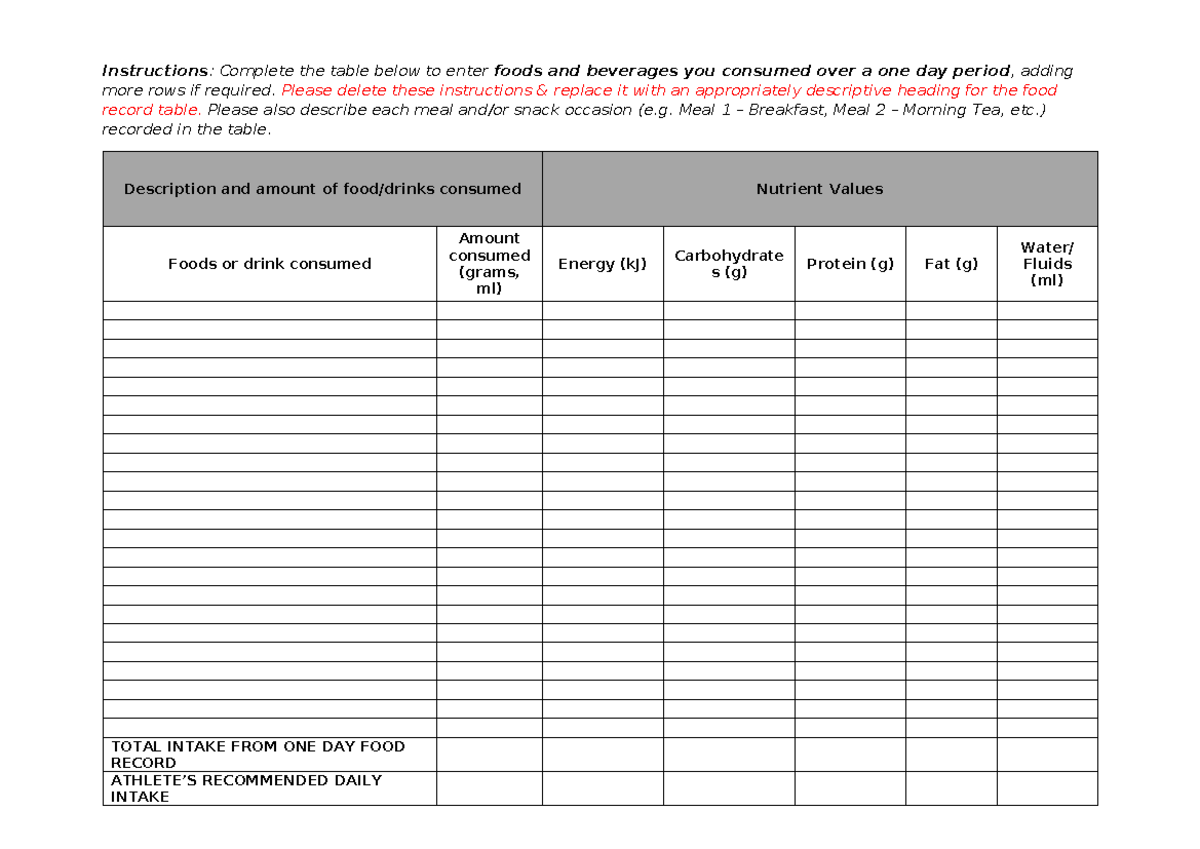 Food and Beverage Intake Record Template FR S1 Final - Studocu
