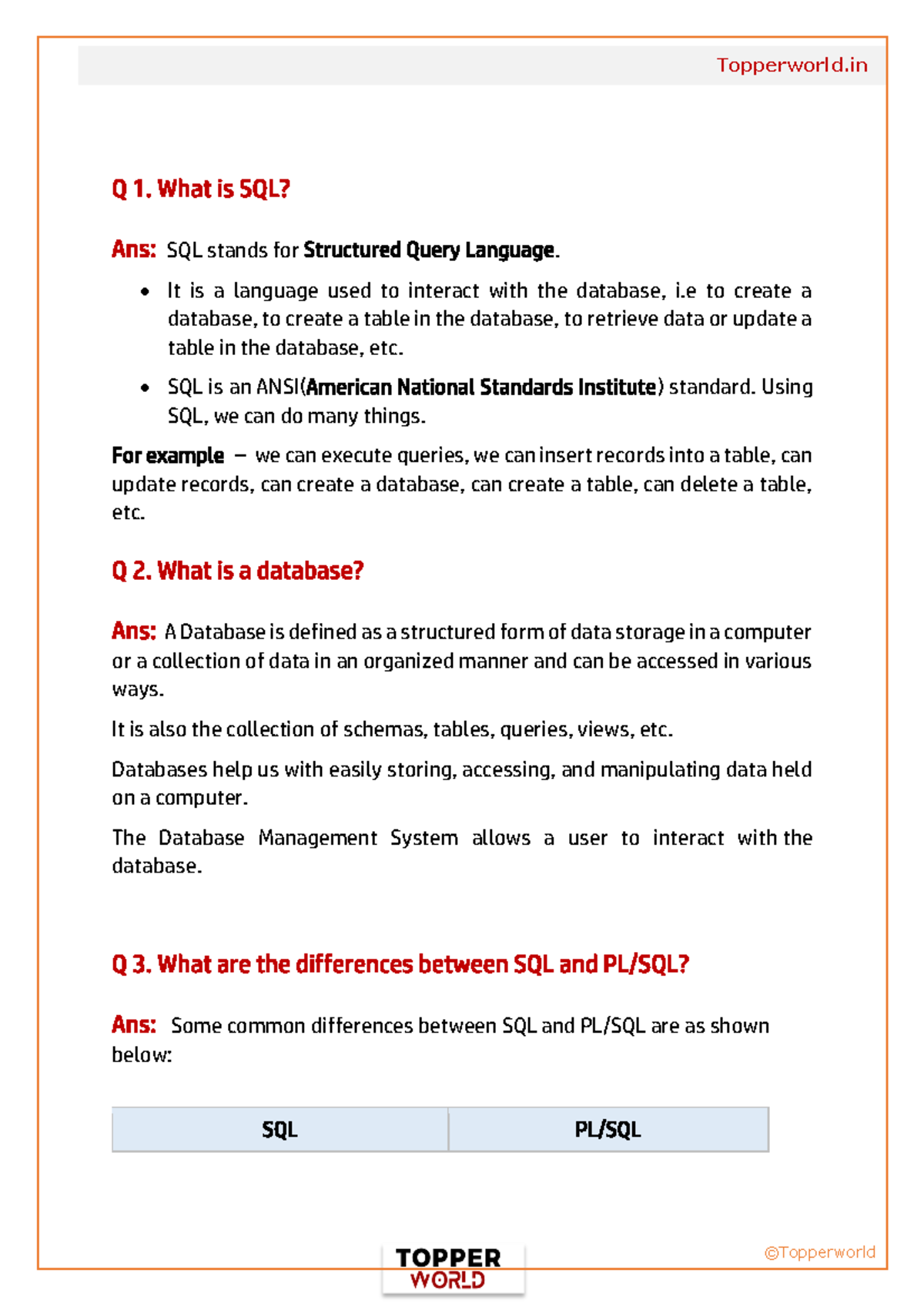 Top 50 SQL Interview Questions 💡 - Topperworld Q 1. What is SQL? Ans ...