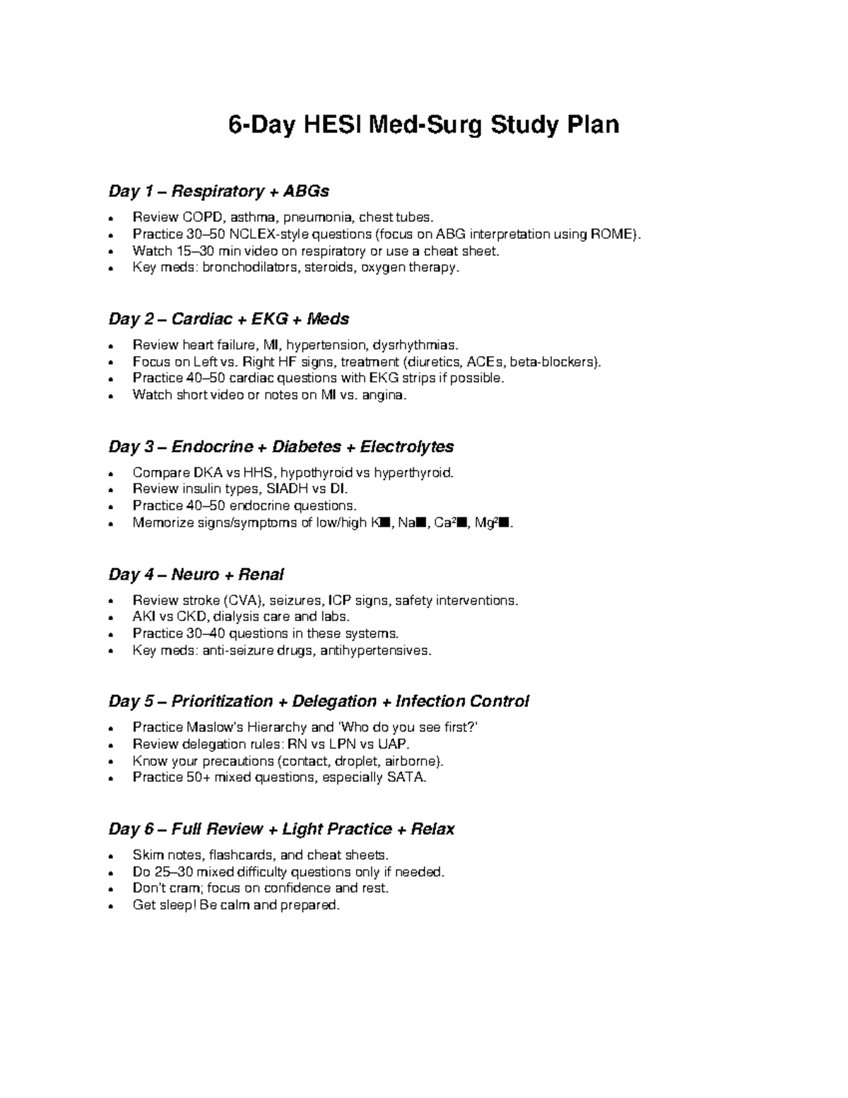 HESI Med-Surg 6-Day Study Plan: Key Concepts & Practice Questions - Studocu