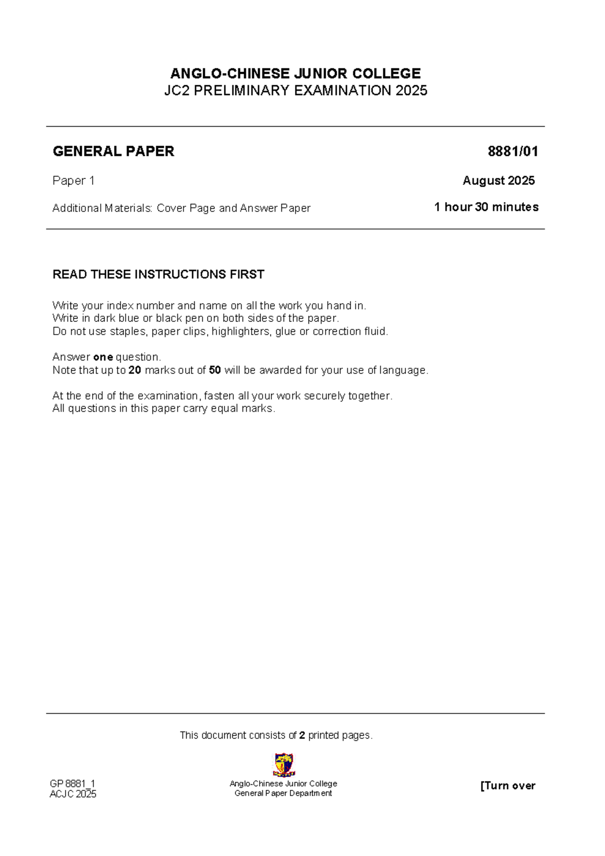 ACJC GP P1 Preliminary Exam 2025 - General Paper - Studocu