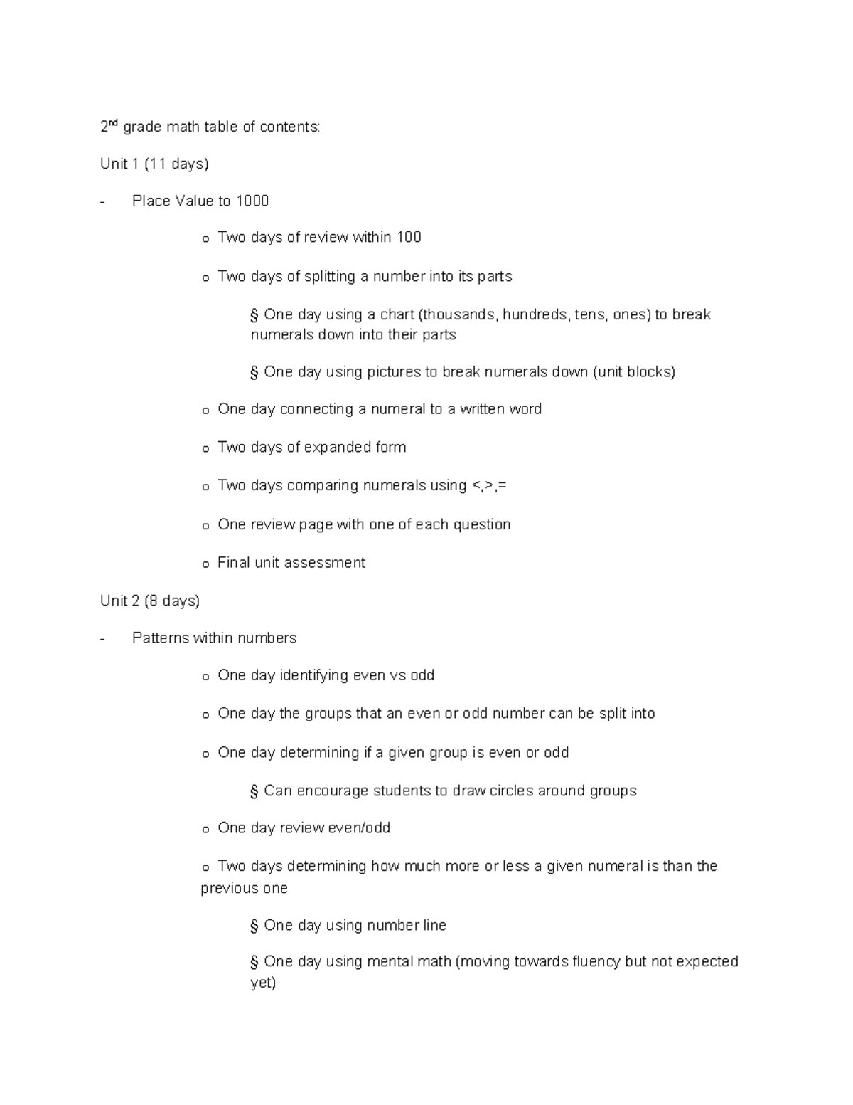2nd Grade Math Curriculum Overview: Table of Contents - Studocu