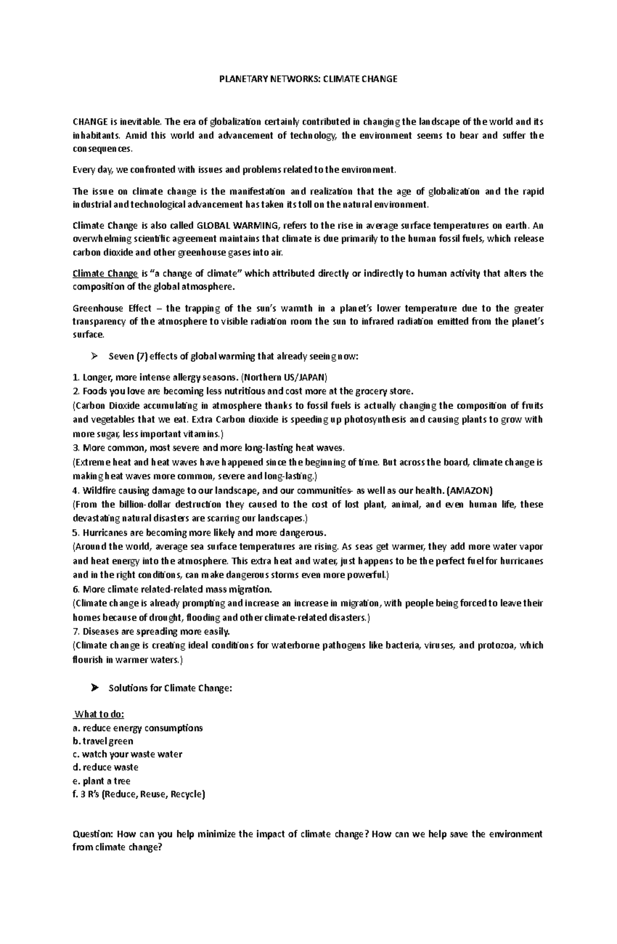 Climate Change Effects & Solutions: A Study on Planetary Networks - Studocu