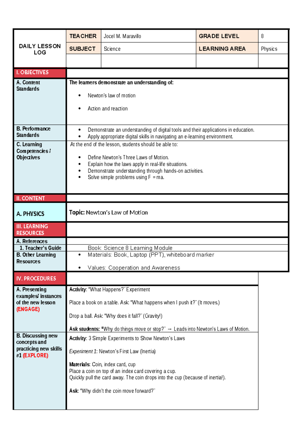 Newton's Laws of Motion - Lesson Plan for Science 8 DLP - Studocu