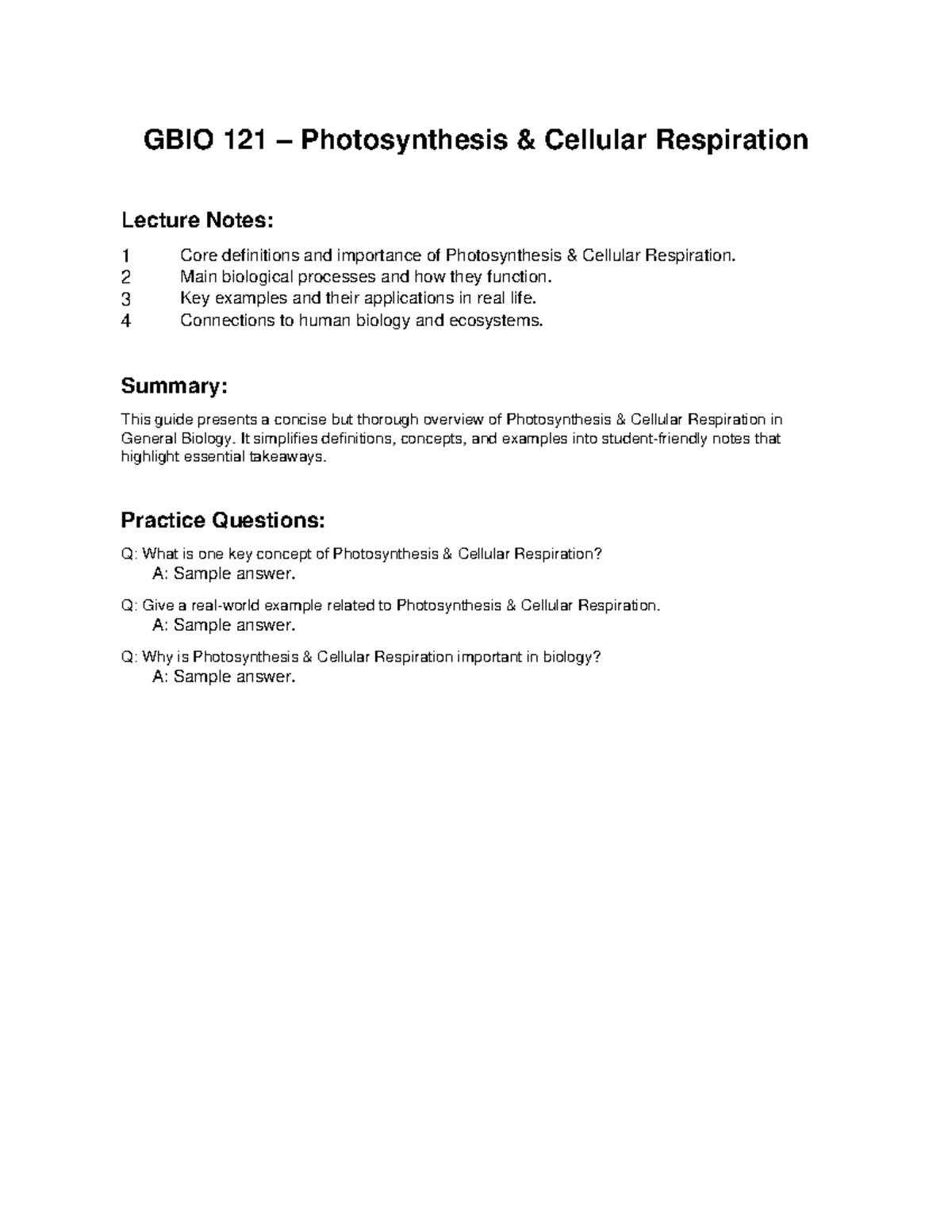 GBIO 121 Photosynthesis & Cellular Respiration Lecture Notes - Studocu