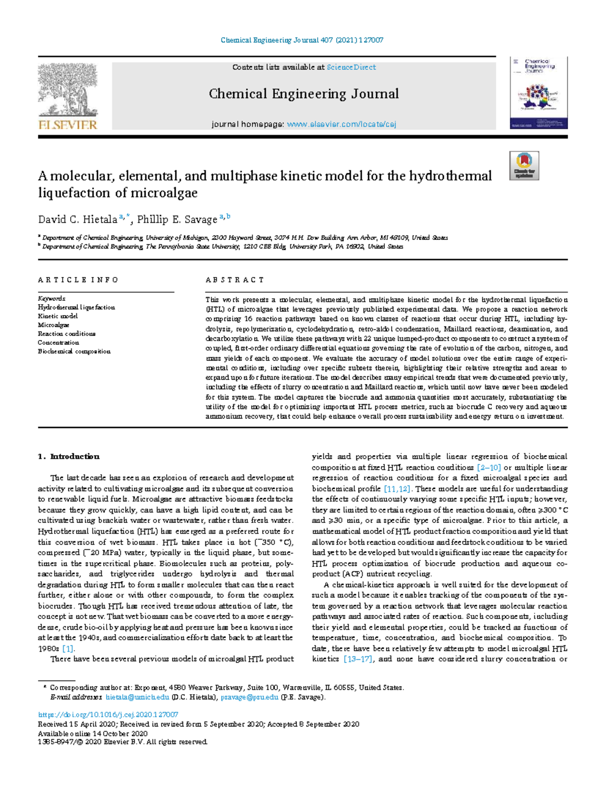 A Comprehensive Kinetic Model for Hydrothermal Liquefaction of ...