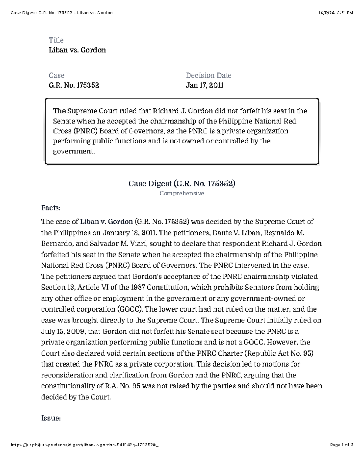 Case Digest: G.R. No. 175352 - Liban vs. Gordon Ruling Summary - Studocu