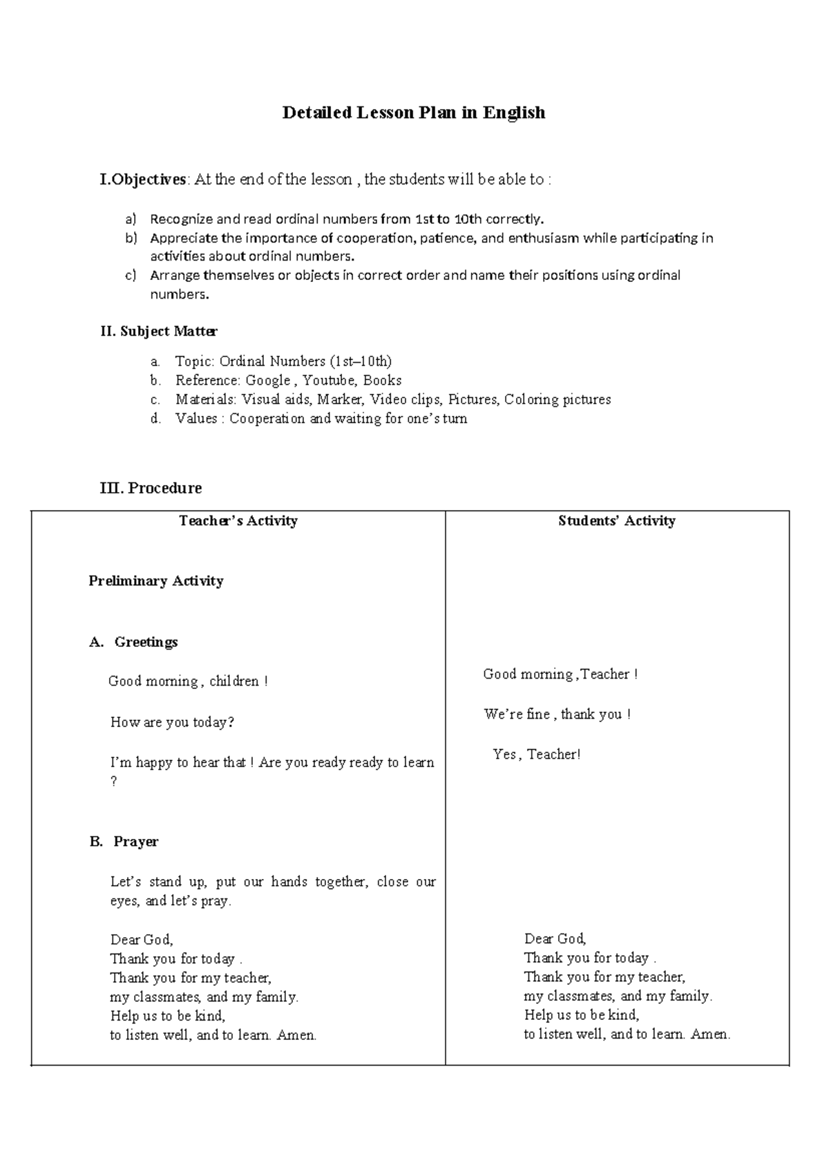 Detailed Lesson Plan: Ordinal Numbers (English I) - Studocu