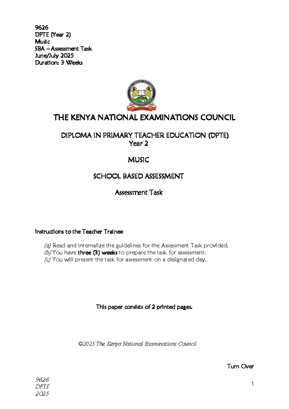 9626 DPTE Year 2 Music SBA Assessment Task Guidelines 2025 - Studocu