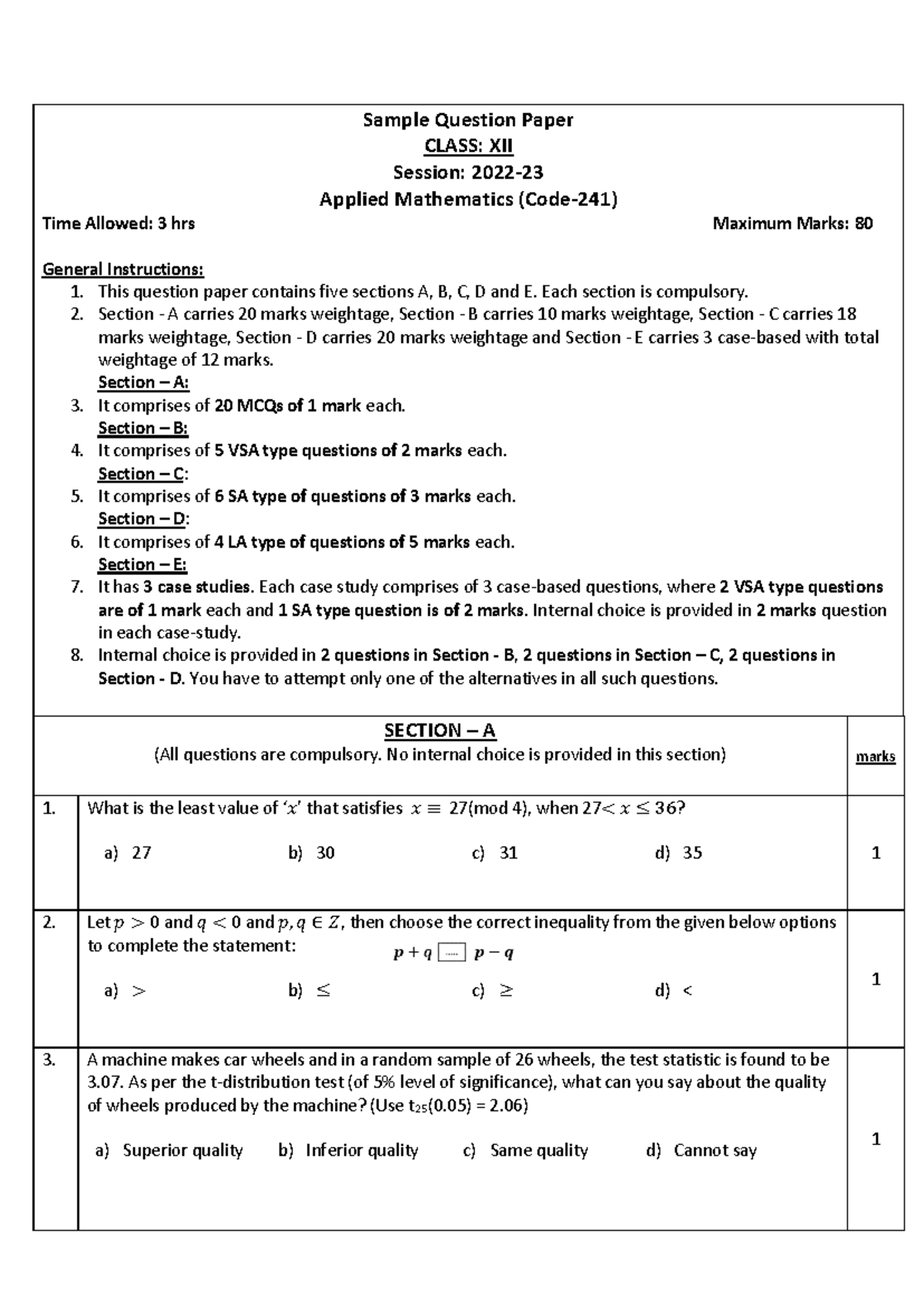 Applied Mathematics Sample Question Paper (Code-241) - Class XII - Studocu