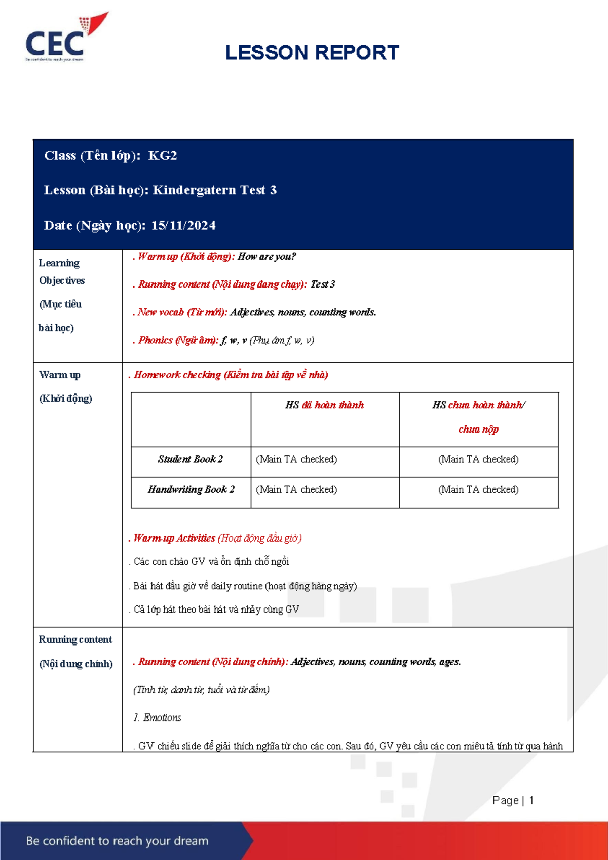 LESSON REPORT KG2: Kindergatern Test 3 Overview - Studocu