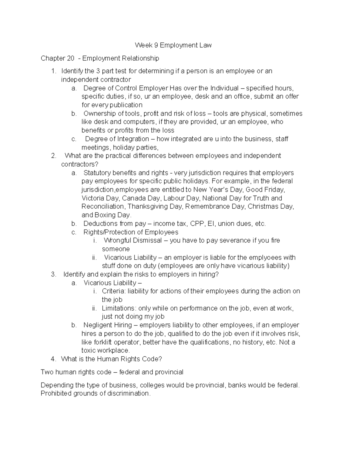 Week 9 Employment Law: Employee vs. Independent Contractor Analysis ...