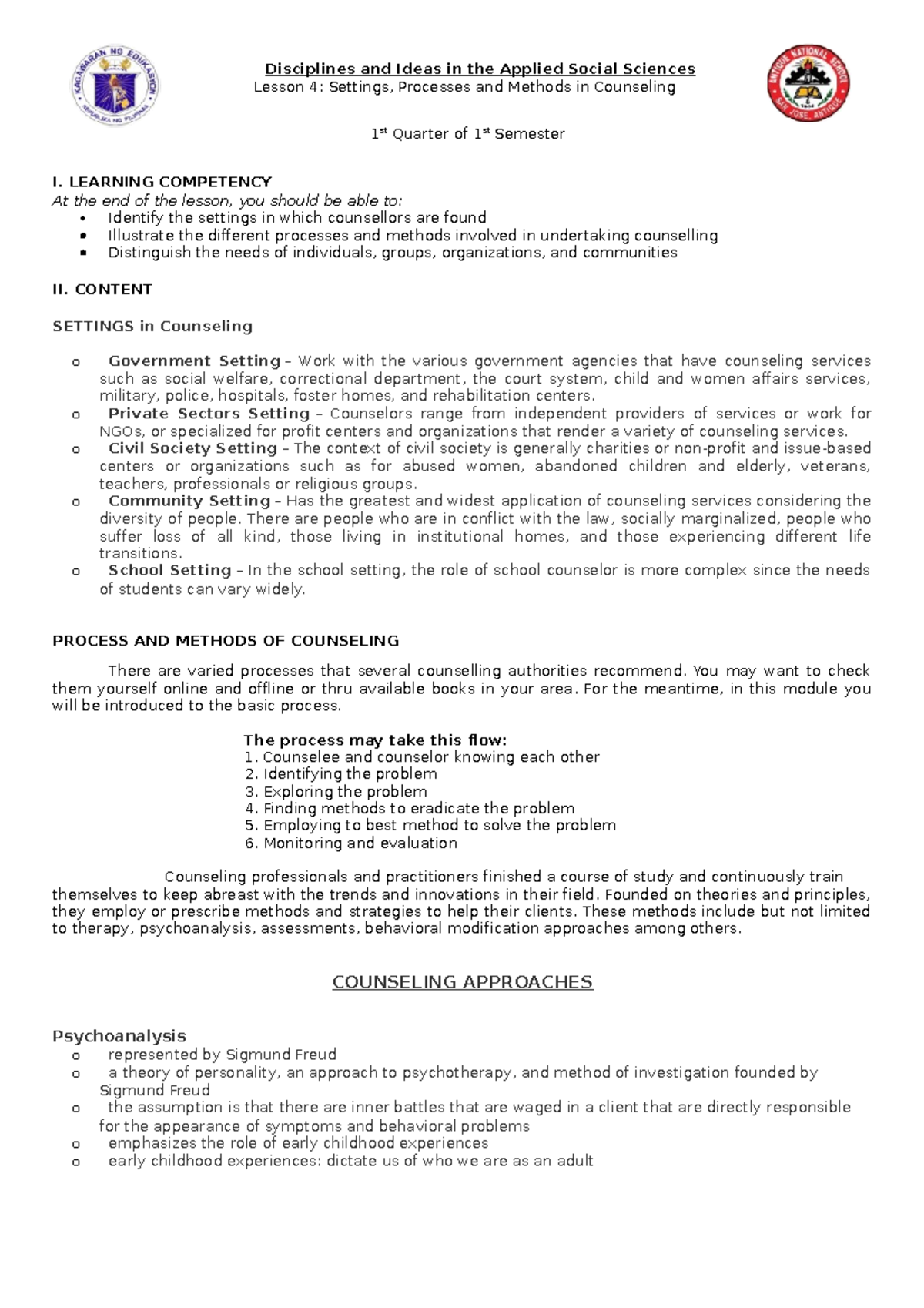 Lesson 4 Settings Processes and Methods in Counseling - Disciplines and ...