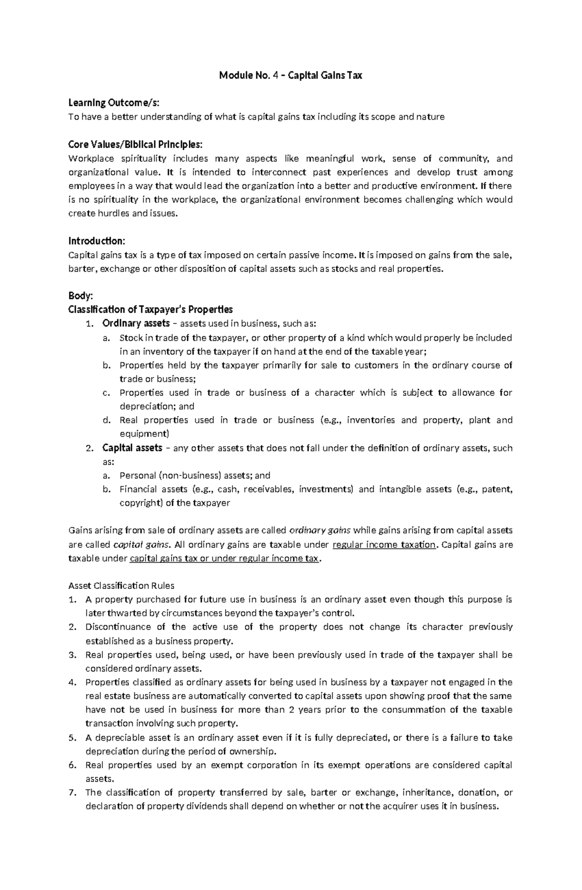 Module 4: Understanding Capital Gains Tax and Its Implications - Studocu