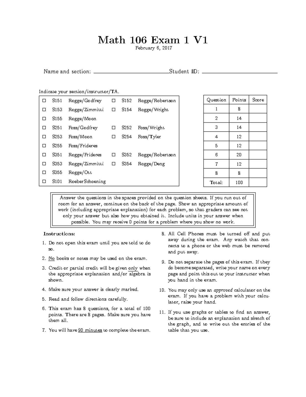 Math 106 Final Exam 1 - Version 1 February 2017 - Studocu