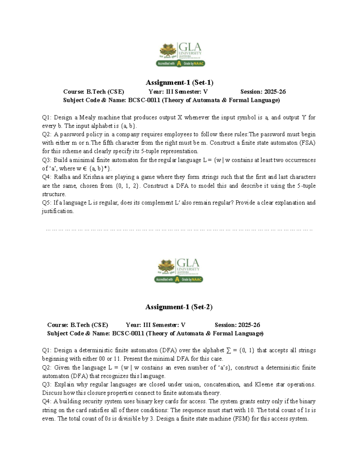 Theory of Automata & Formal Languages - B.Tech (CSE) Sem V Assignment 1 ...