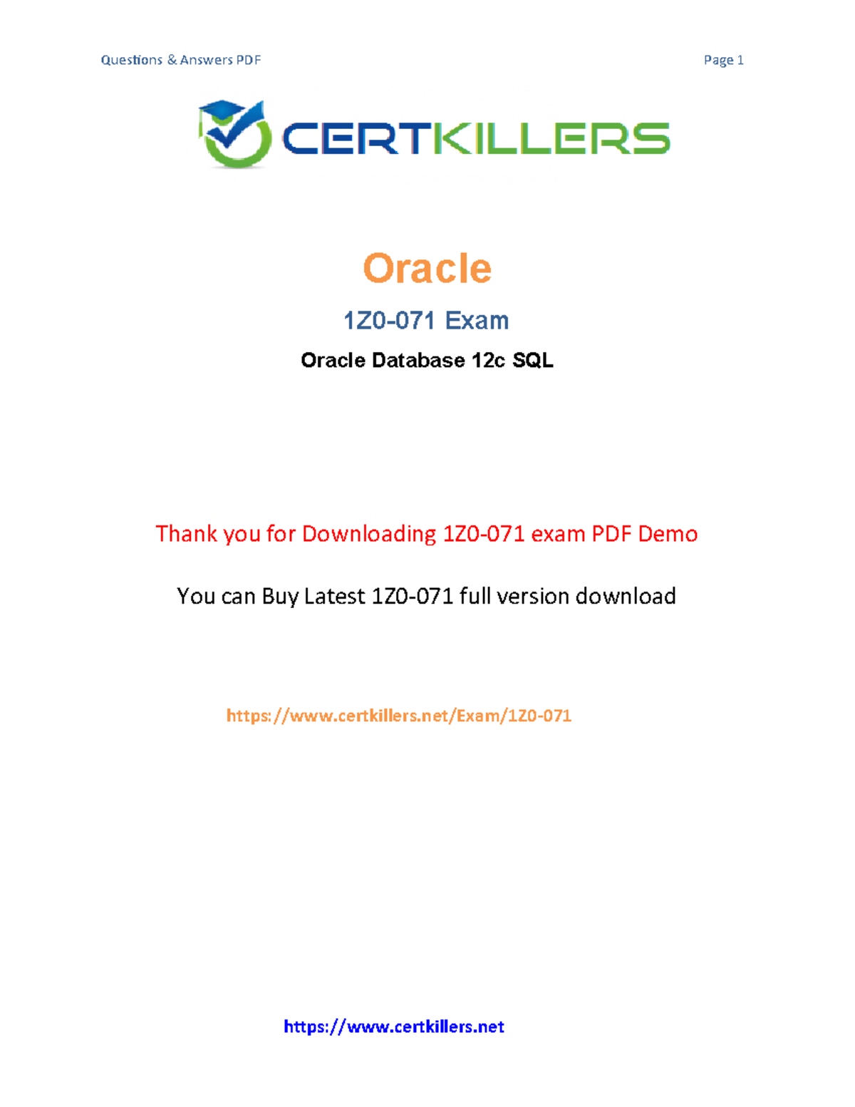 1z0-071 - 1z0-071 - Oracle 1Z0-071 Exam Oracle Database 12c SQL Thank ...