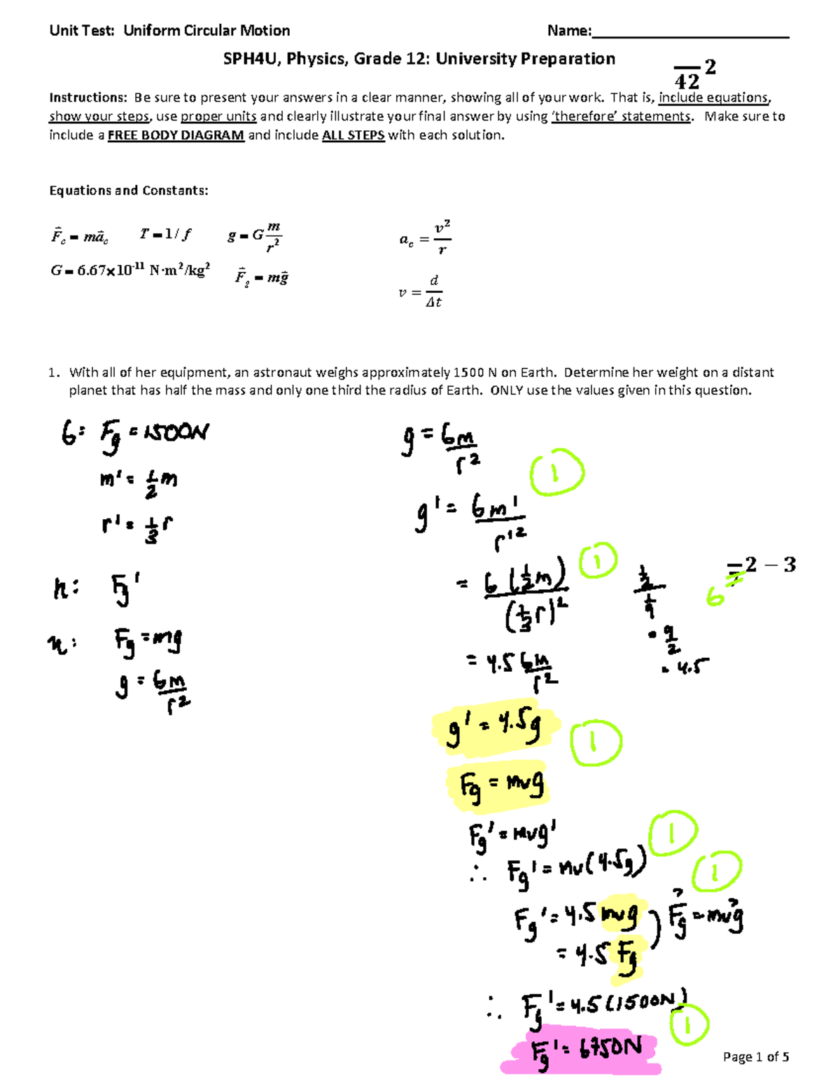 Centripetal Motion Fall2024Version 2 Soln - Page 1 of 5 SPH4U, Physics ...