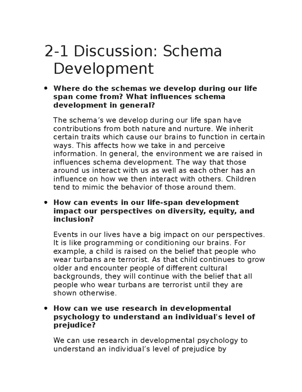 2-1 Discussion: Understanding Schema Development and Its Impact - Studocu
