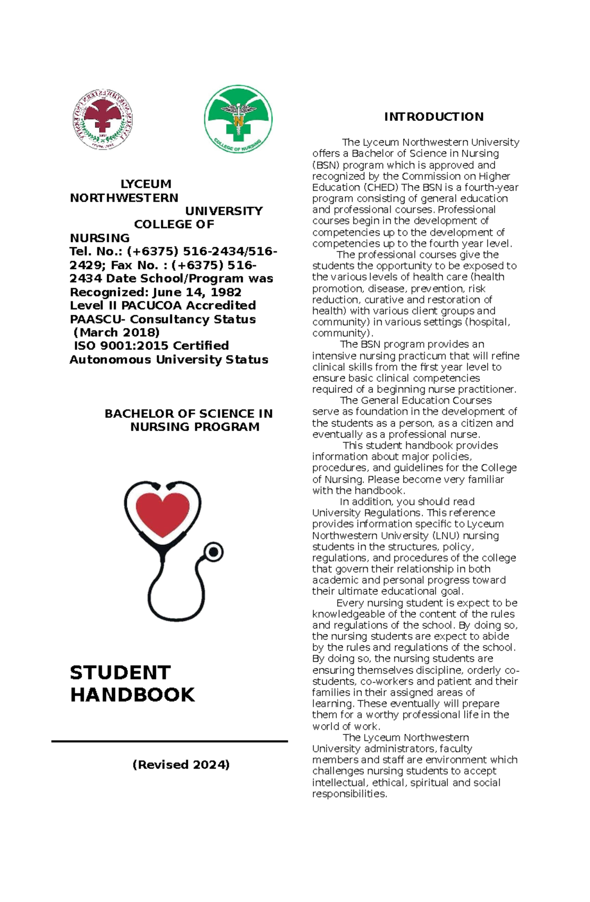 LNU BSN Program Student Handbook (Revised 2024) - Essential Guide - Studocu