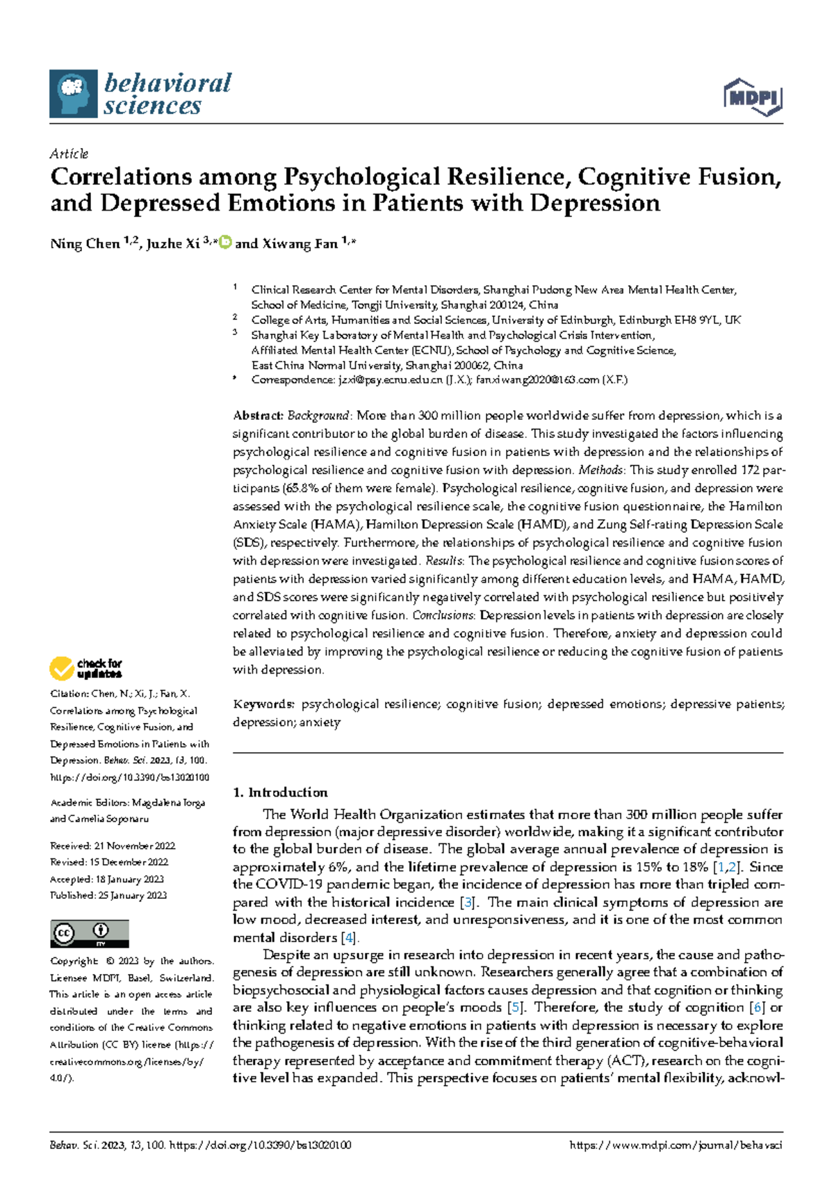 Correlations of Psychological Resilience, Cognitive Fusion, and ...