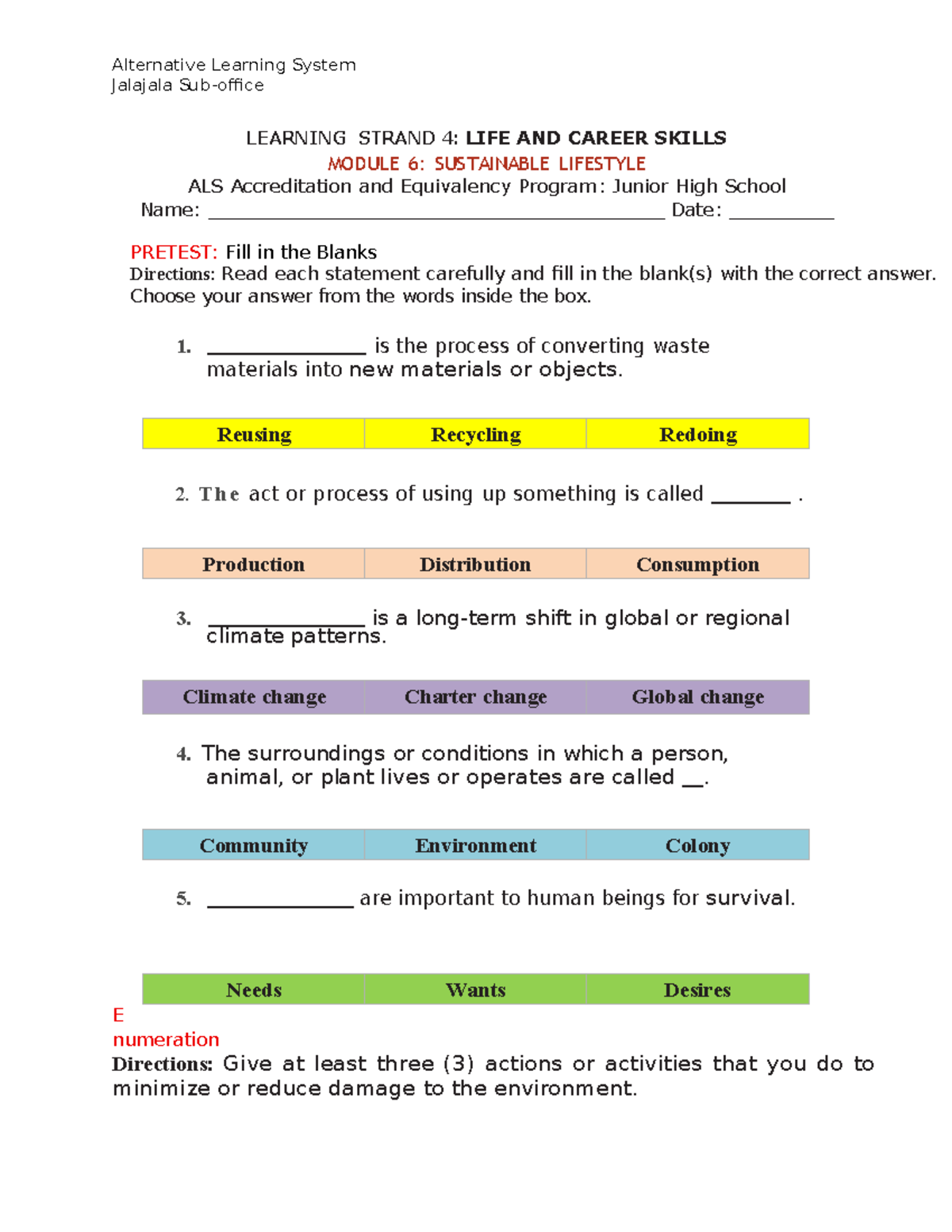 Sustainable Lifestyle Module 6: ALS Learning Strand 4 Pretest - Studocu