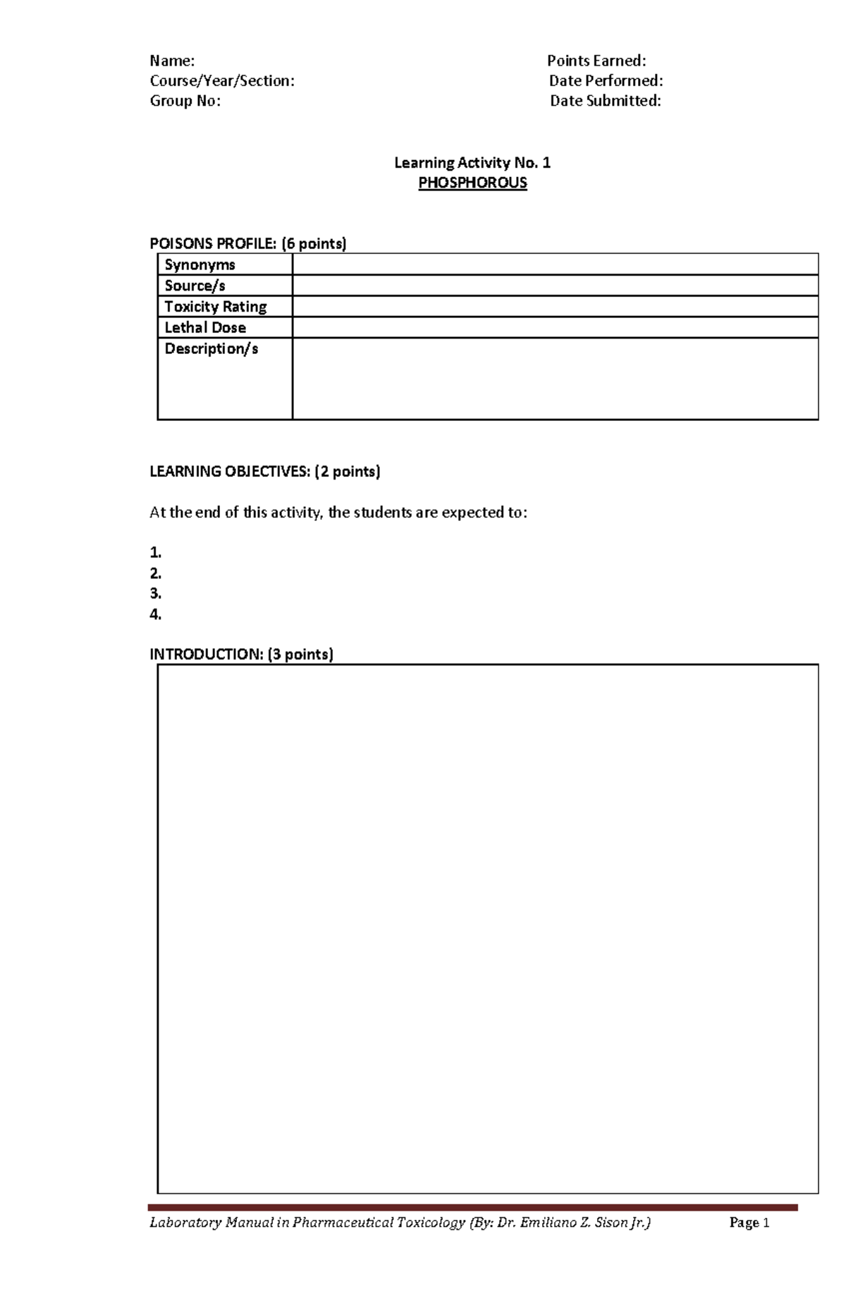 Toxicology Laboratory 1 . Phosphorous Activity - Name: Points Earned ...