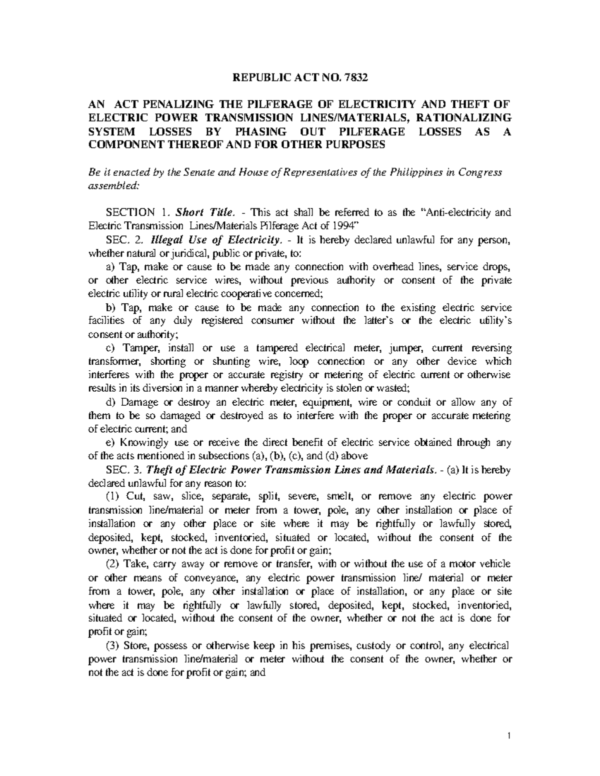 RA 7832: Electric Transmission Pilferage Act - Key Provisions and ...