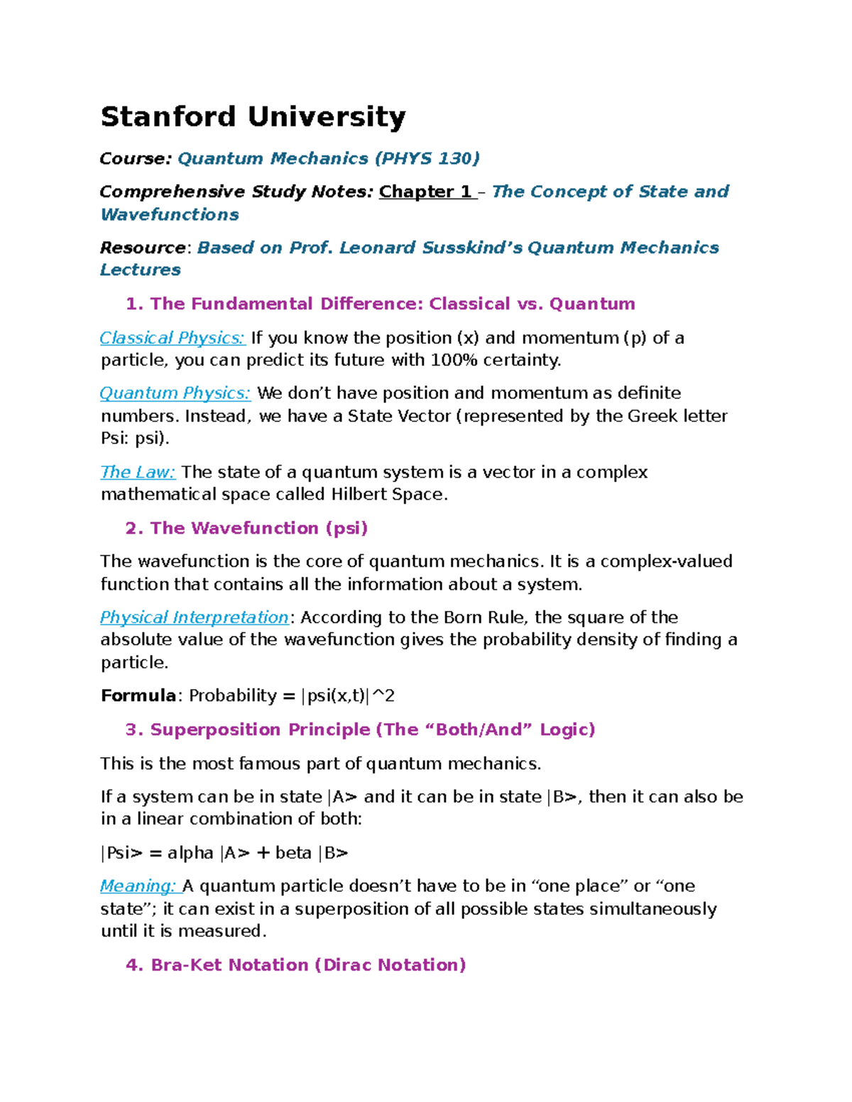 PHYS 130 Quantum Mechanics Study Notes: Ch 1 Wavefunctions & States ...