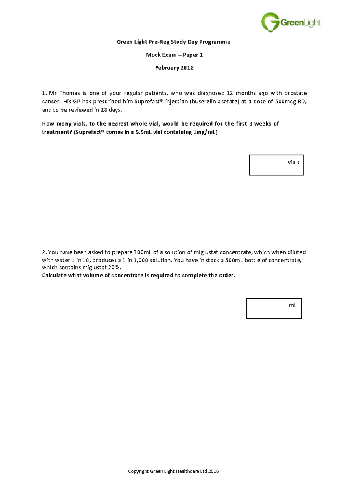 [2016][Greenlight] Calculations Mock Exam - Comprehensive Practice ...