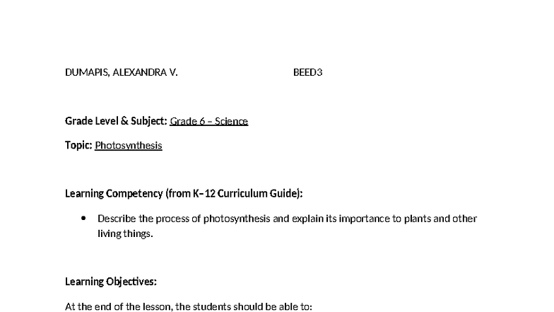 Grade 6 Science Lesson: Understanding Photosynthesis (BEED3) - Studocu