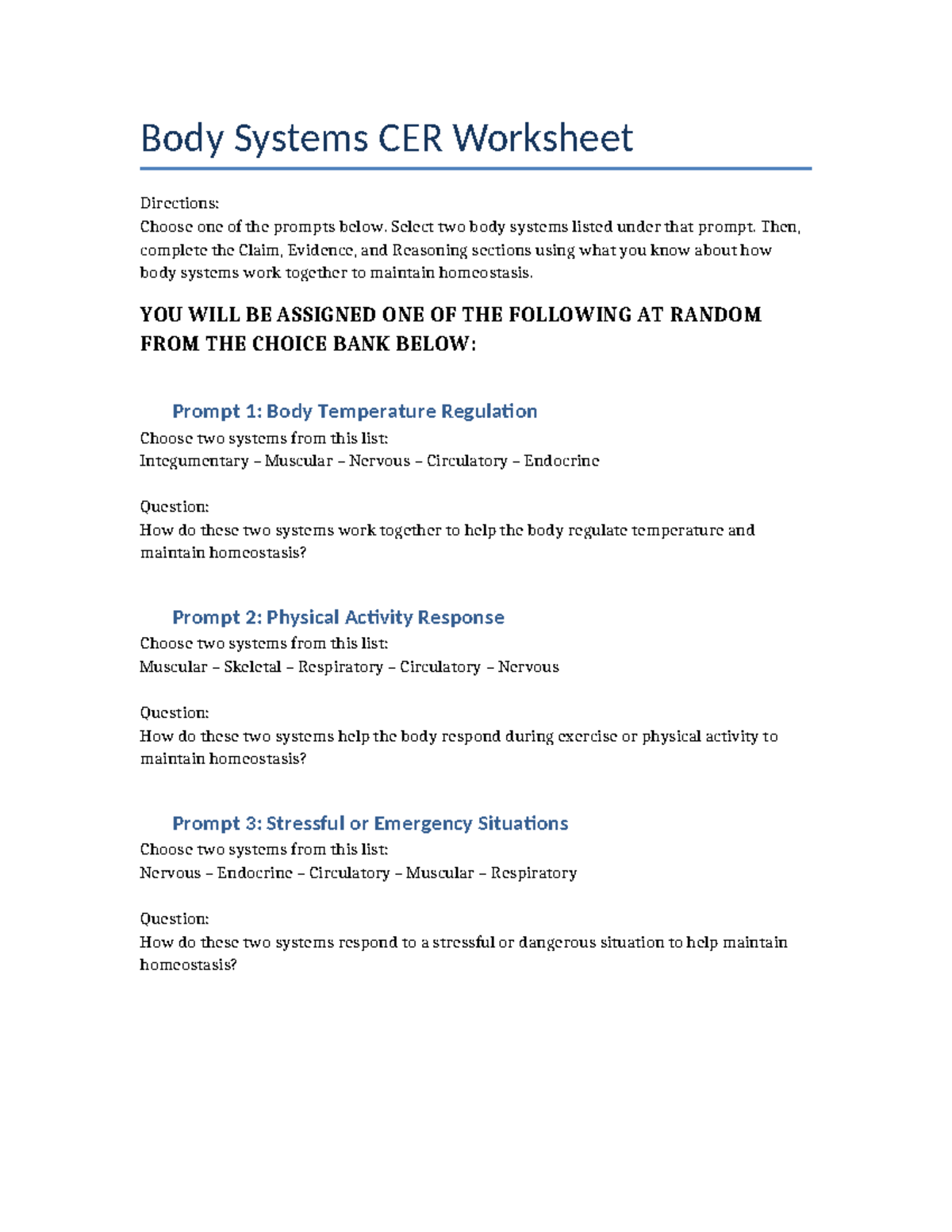 Body Systems CER Worksheet: Homeostasis & System Interactions - Studocu