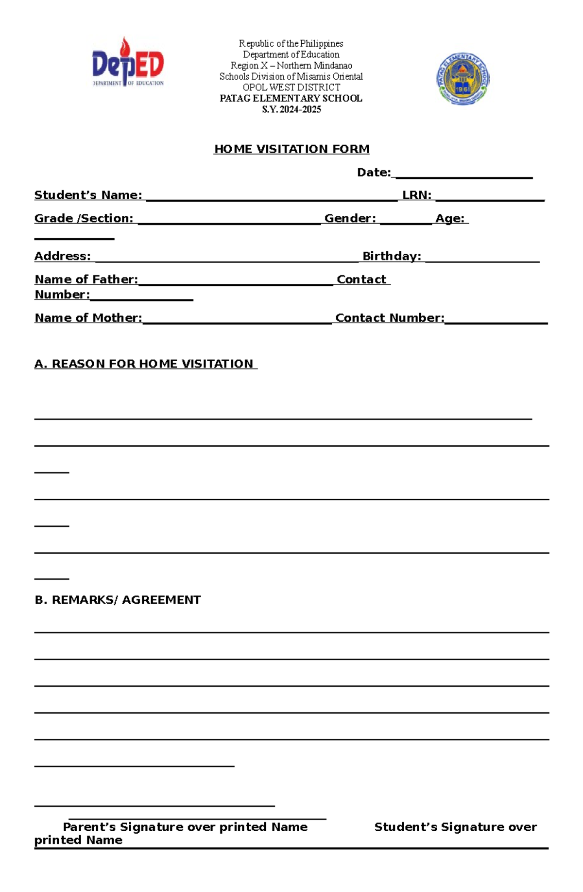 HOME Visitation FORM - HOME VISITATION FORM Date ...