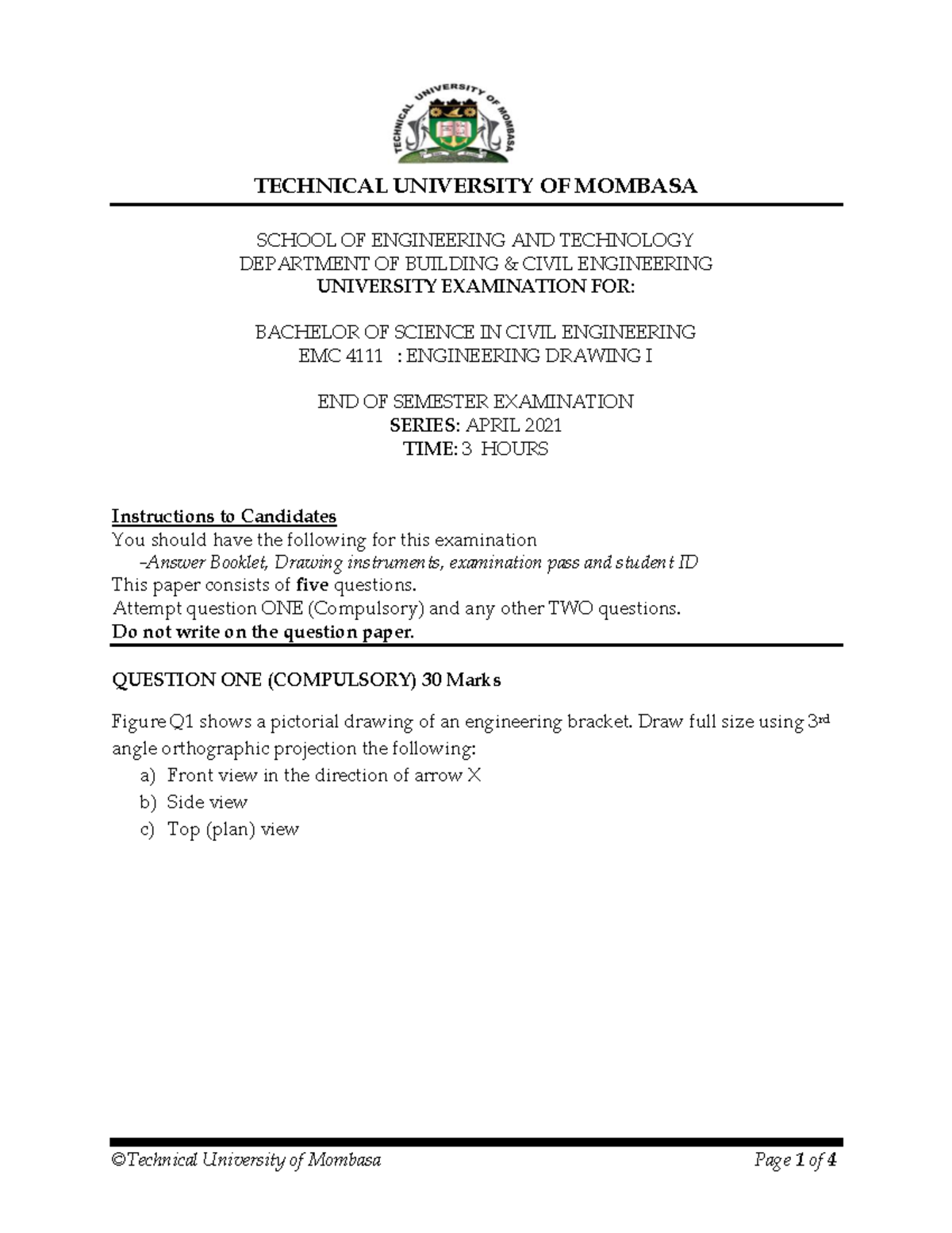 EMC 4111 Engineering Drawing I End of Semester Exam Paper 2 - Studocu
