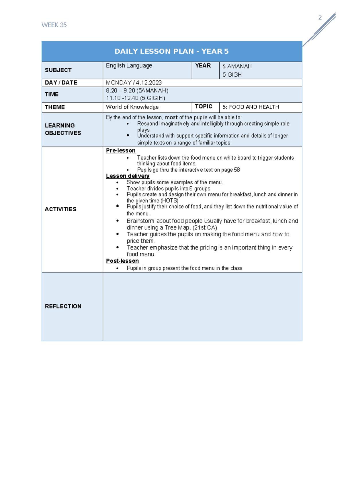 Daily Lesson Plan for Year 5 - English Language (RPH) - Studocu