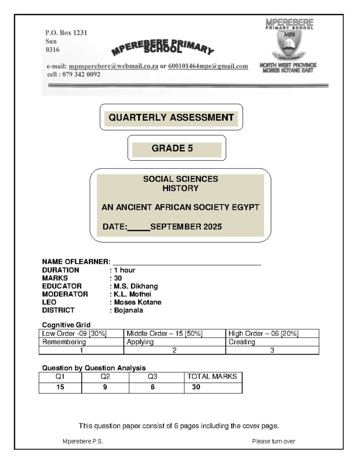 Grade 5 Social Sciences History Quarterly Assessment: Ancient Egypt ...