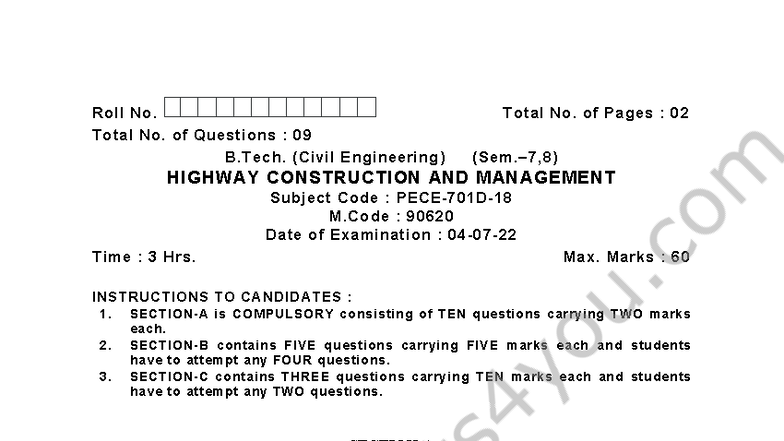 Highway Construction and Management Exam Notes (M.Code: 90620) - Studocu