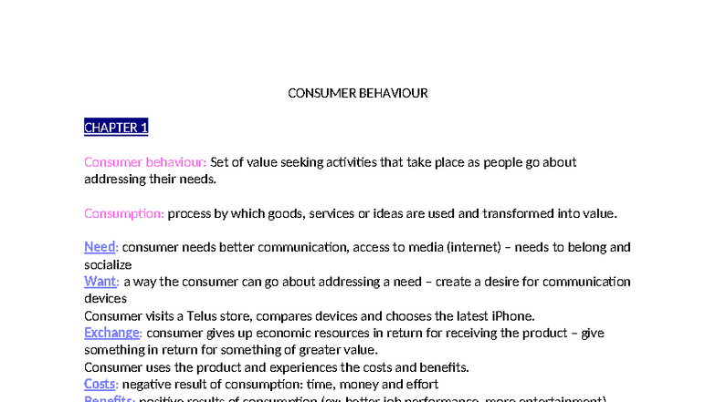 Consumer Behaviour Notes: Chapters 1-5 Overview - Studocu