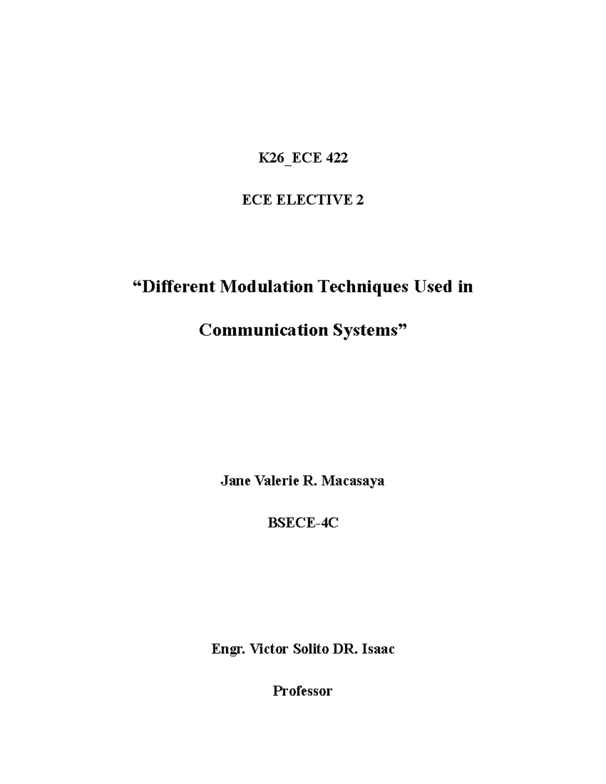 ECE 422 Elective 2: Modulation Techniques in Communication - Studocu
