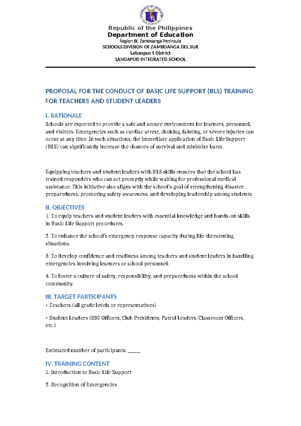 BLS Training Proposal for Teachers & Student Leaders - Langapod School ...