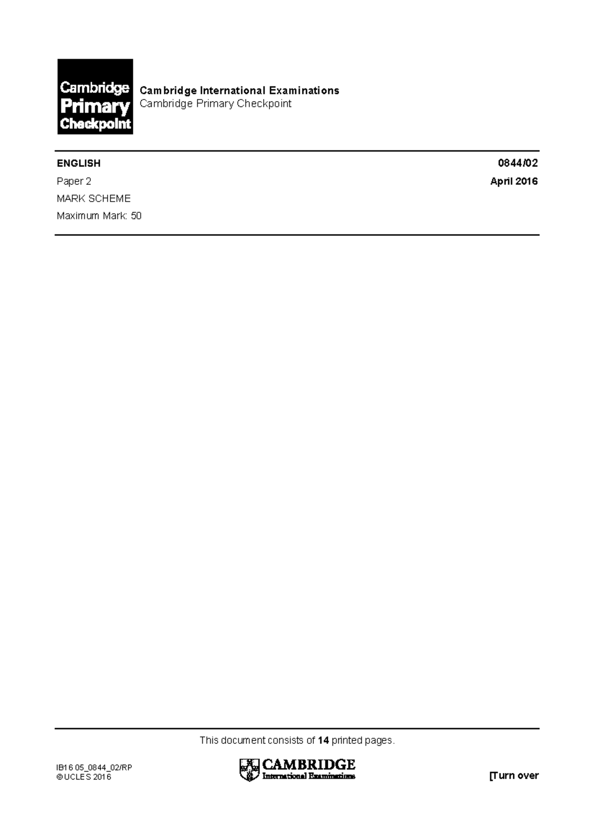 April 2016 Cambridge Primary Checkpoint ENGLISH Paper 2 Mark Scheme ...