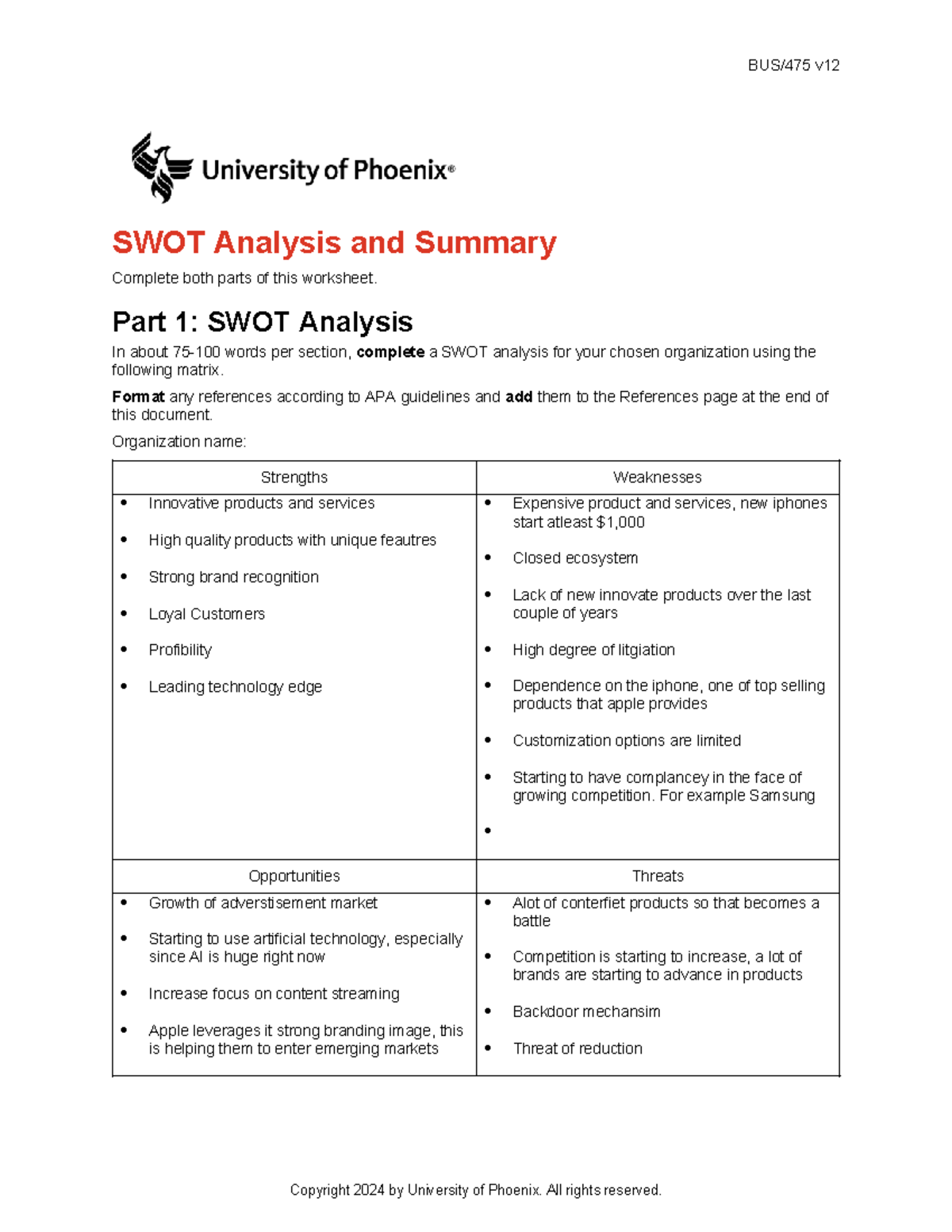 BUS/475 v12 Wk2 SWOT Analysis Template and Summary for Apple - Studocu