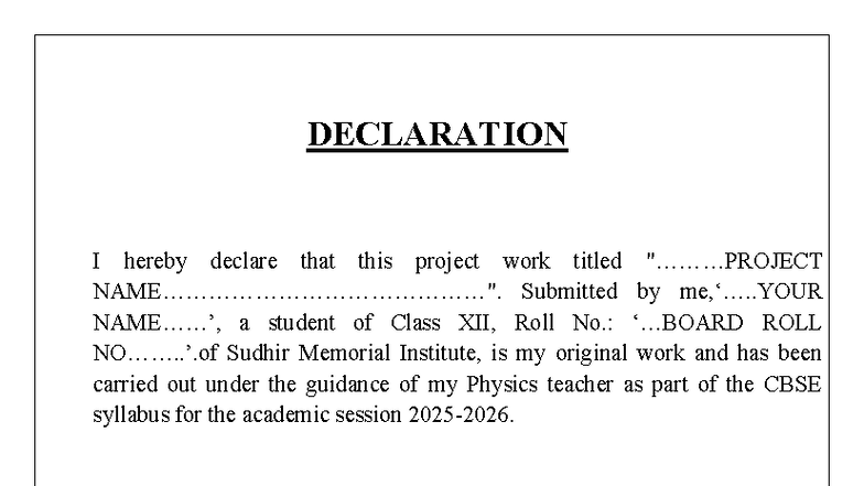 Class XII Physics Investigatory Project Declaration and Certificate ...
