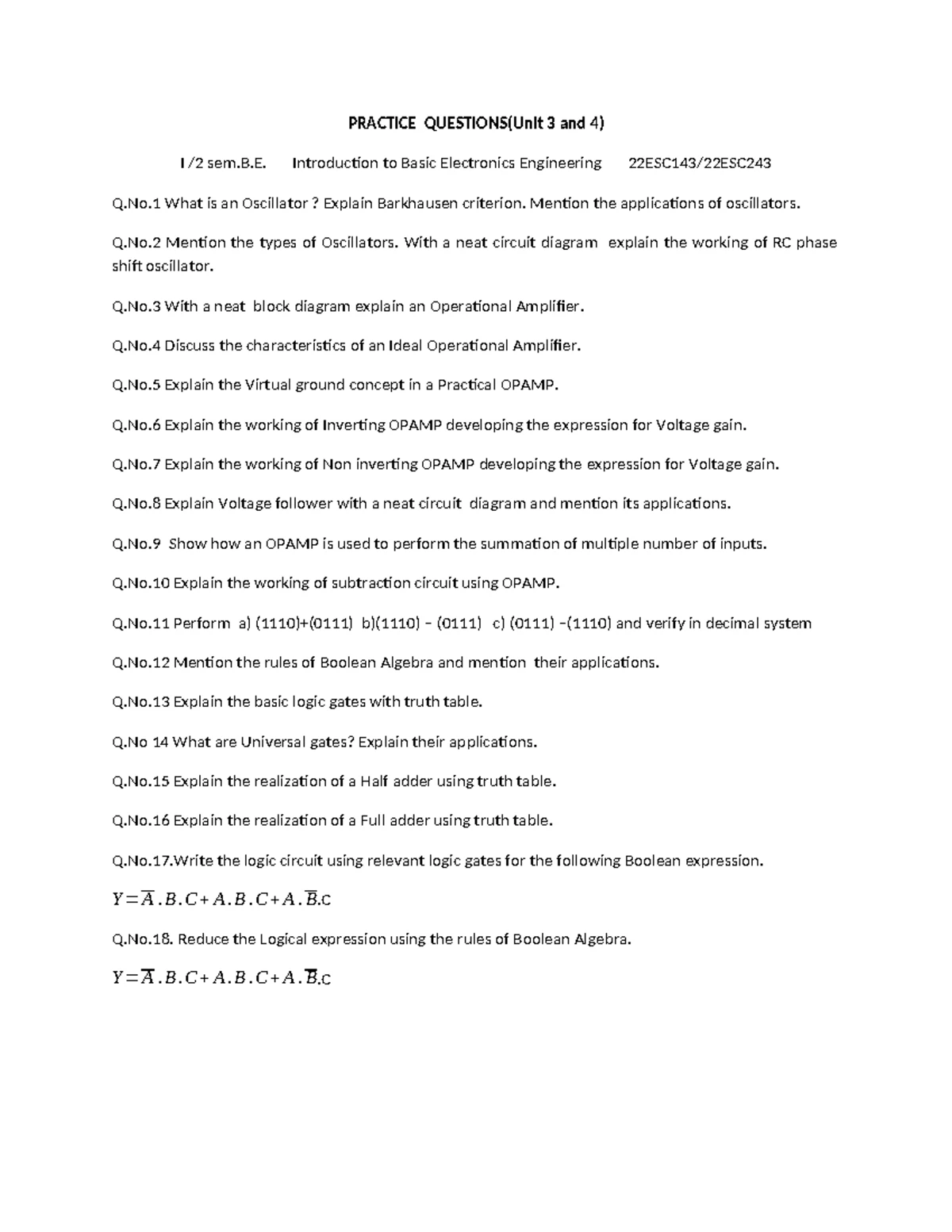 Practice Questions for ESC 243: Basic Electronics Engineering I Sem ...