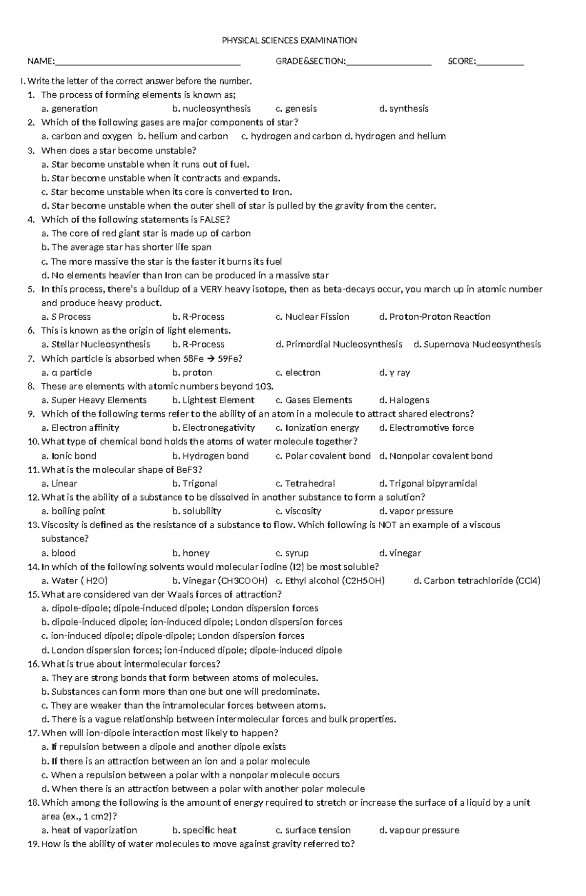 PS 101 Final Exam Review: Physical Sciences Examination I - Studocu