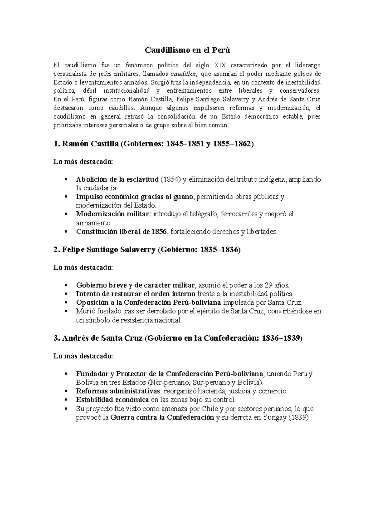 Caudillismo en el Perú: Análisis del Siglo XIX y sus Líderes - Studocu