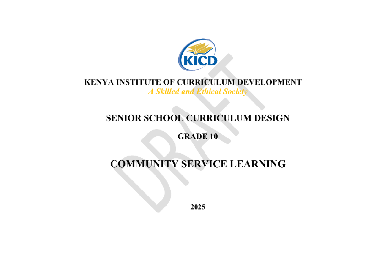 KICD Grade 10 Community Service Learning Curriculum Overview 2025 - Studocu