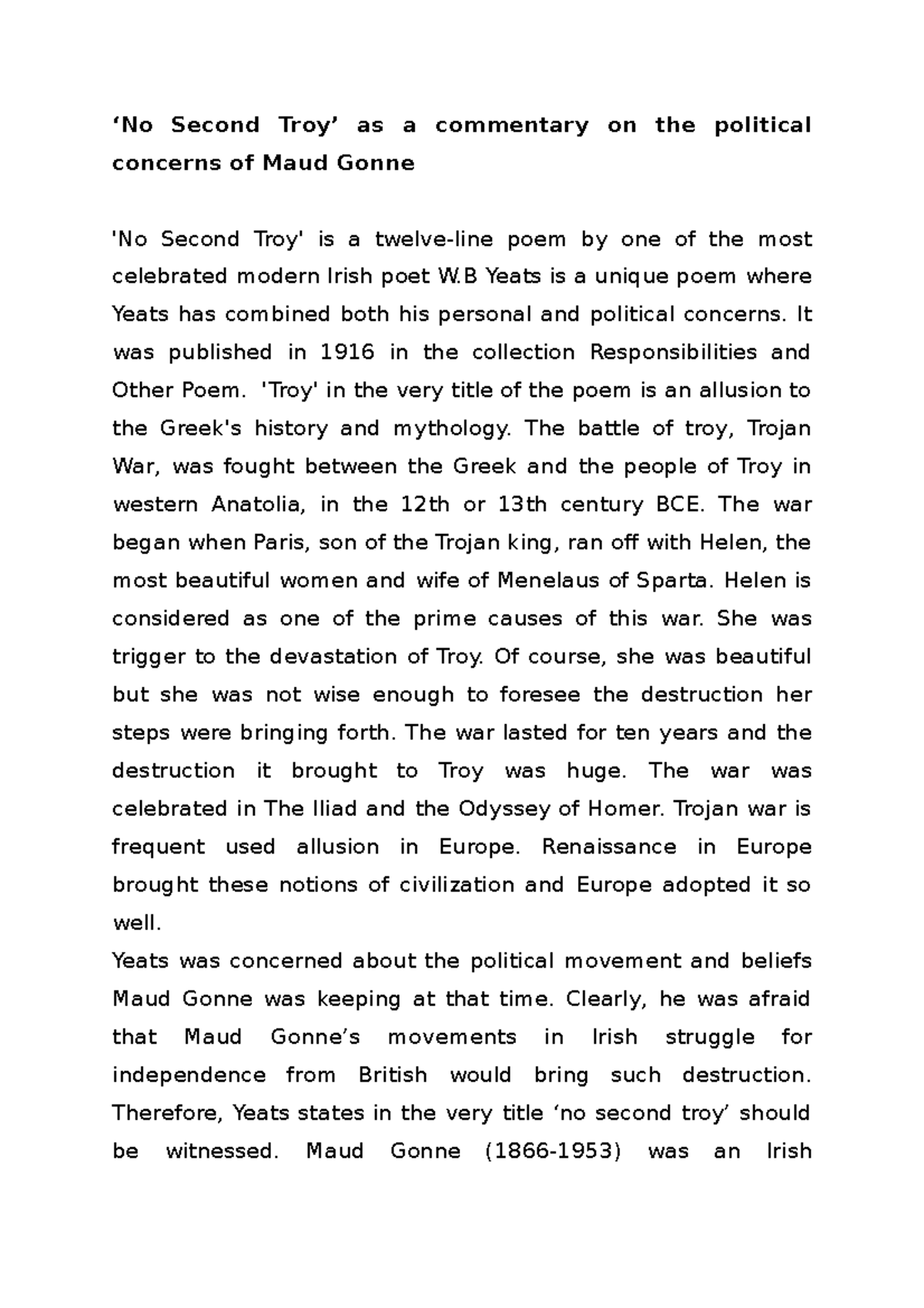 ‘No Second Troy’ as a commentary on the political concerns of Maud ...