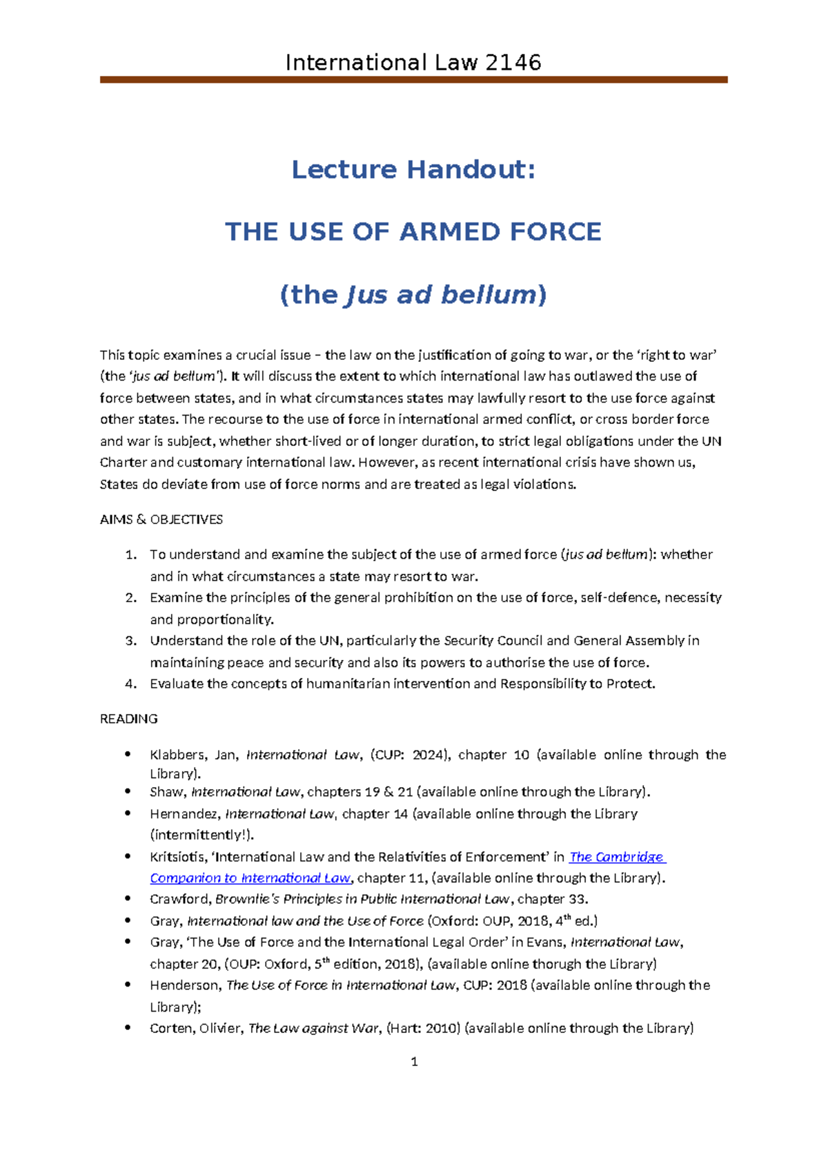 Lecture Handout: The Use of Armed Force (Jus ad Bellum) Insights - Studocu
