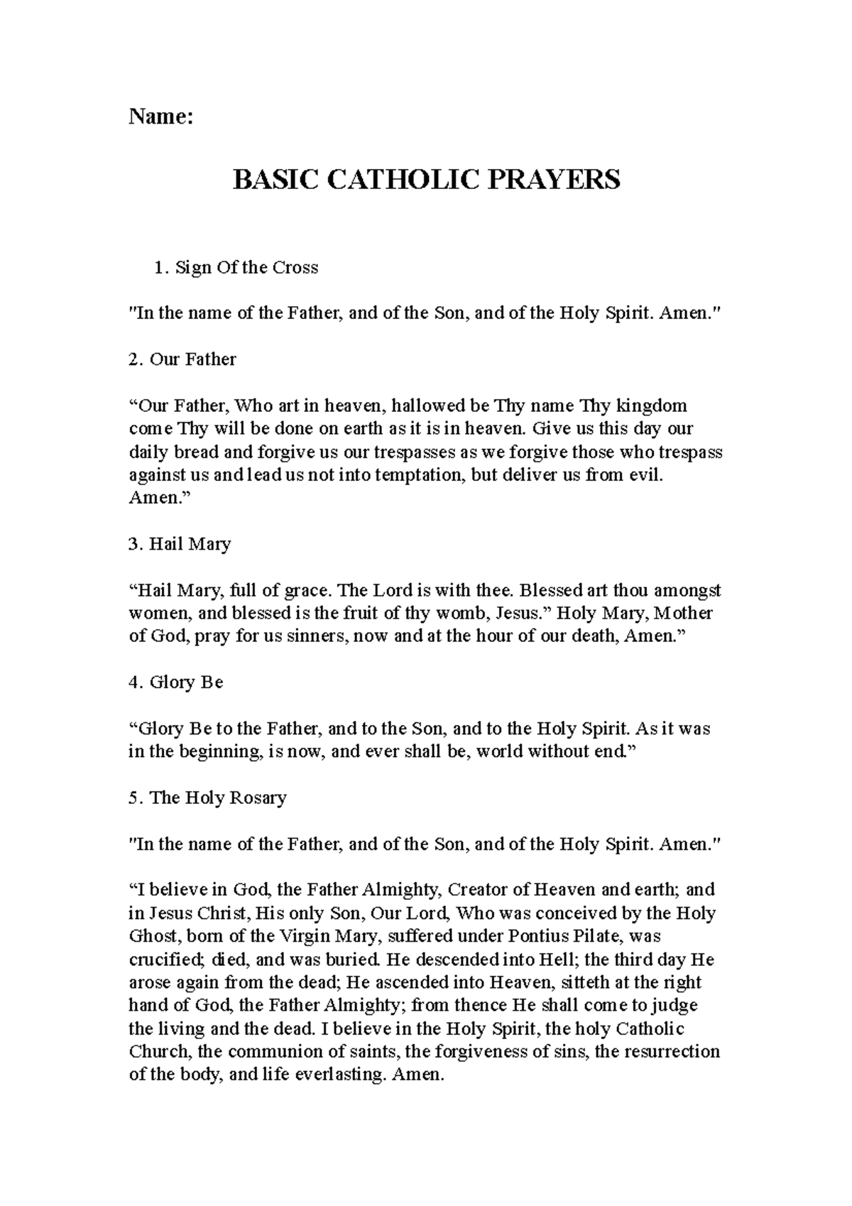 REED Basic Prayers (NAME) - Name: BASIC CATHOLIC PRAYERS Sign Of the ...